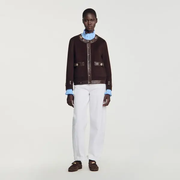 Sandro Short Coat With Lambskin And Metal Buckle Details