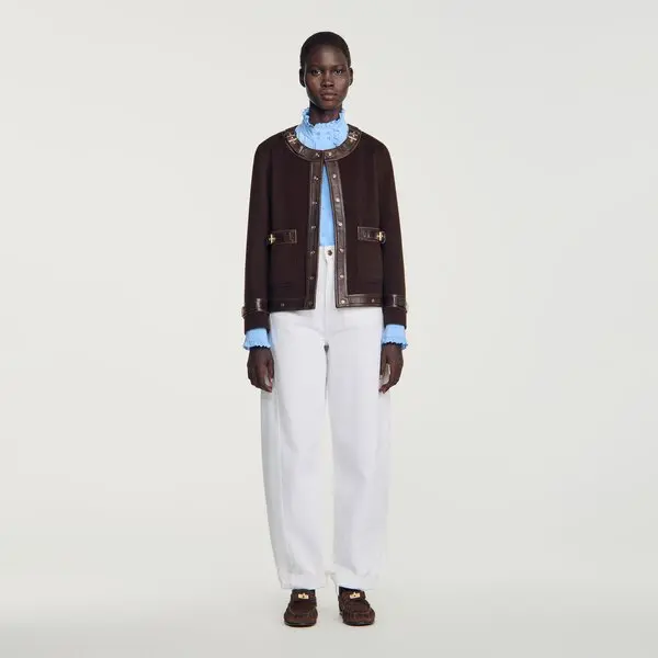 Sandro Short Coat With Lambskin And Metal Buckle Details