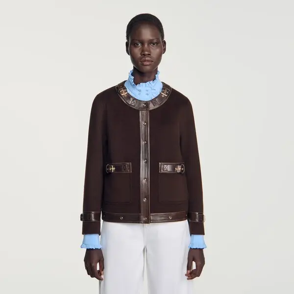 Sandro Short Coat With Lambskin And Metal Buckle Details