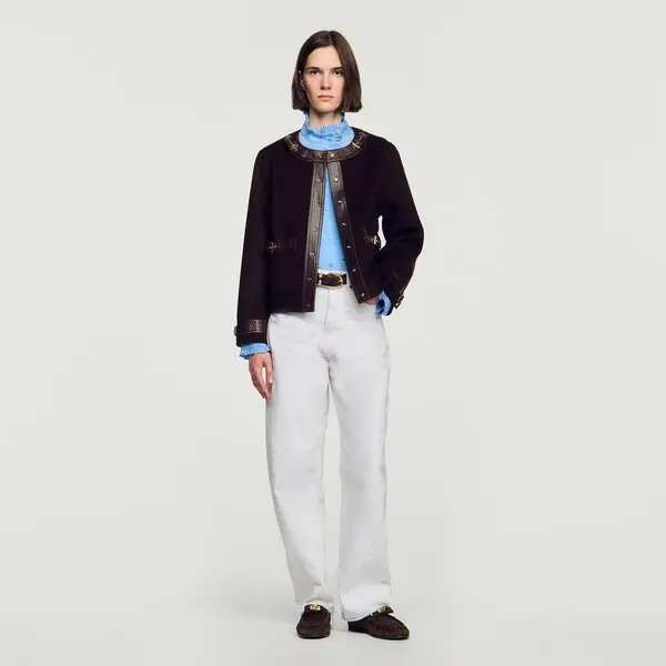 Sandro Short Coat With Lambskin And Metal Buckle Details