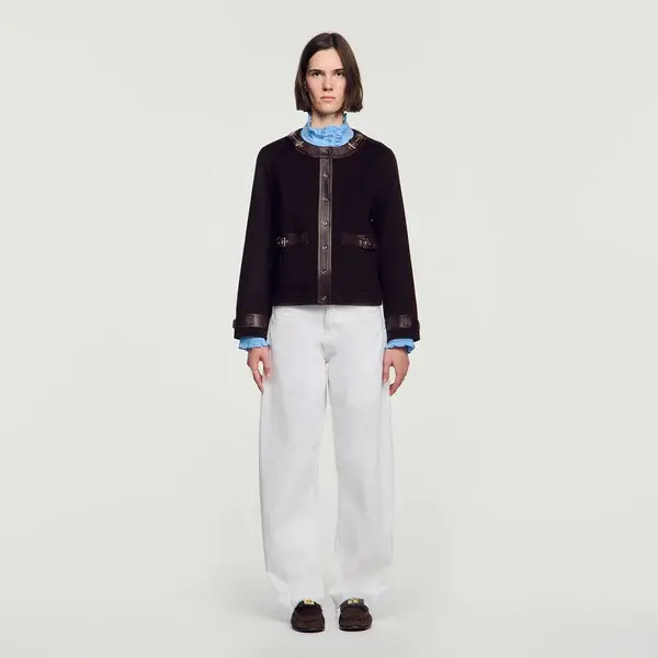 Sandro Short Coat With Lambskin And Metal Buckle Details