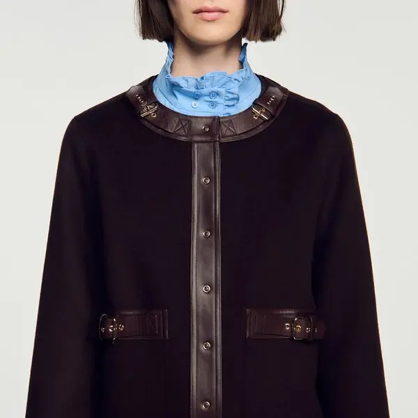 Sandro Short Coat With Lambskin And Metal Buckle Details