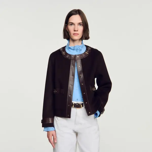 Sandro Short Coat With Lambskin And Metal Buckle Details