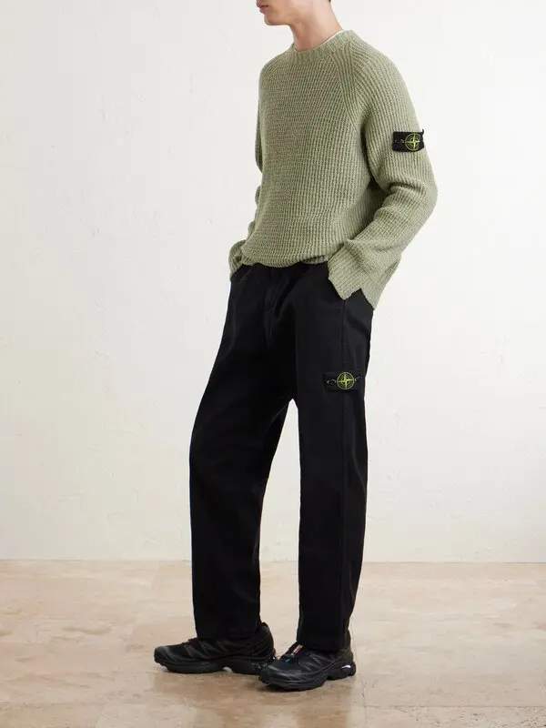 Stone Island Logo-appliquéd Straight-leg Cotton-canvas Trousers - Black