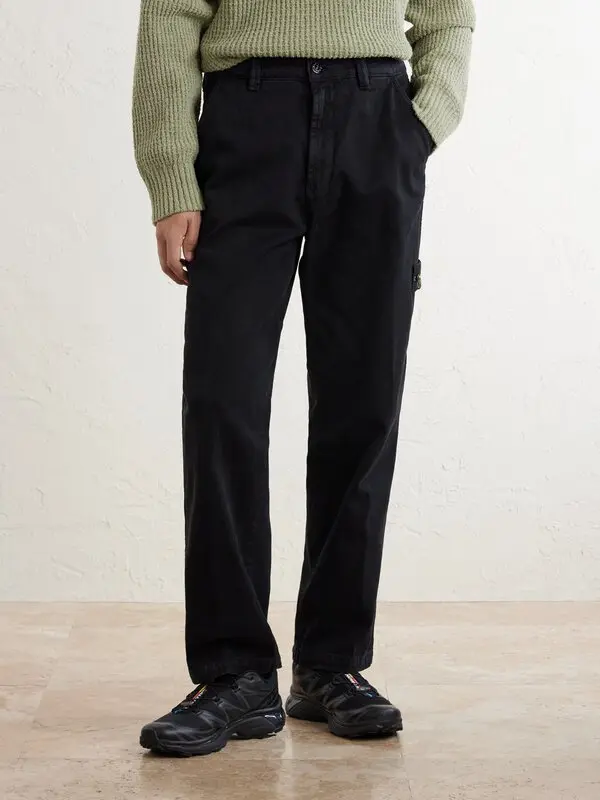 Stone Island Logo-appliquéd Straight-leg Cotton-canvas Trousers - Black