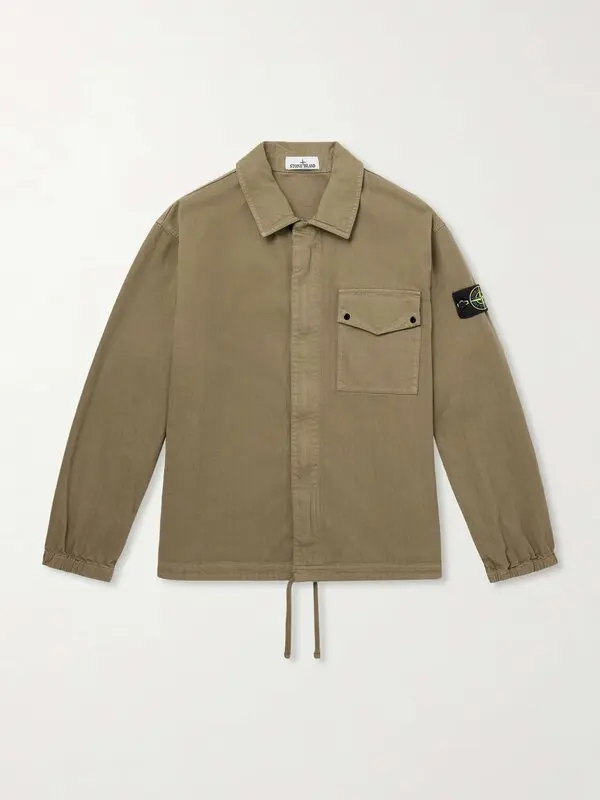 Stone Island Logo-appliquéd Garment-dyed Herringbone Cotton Shirt - Green