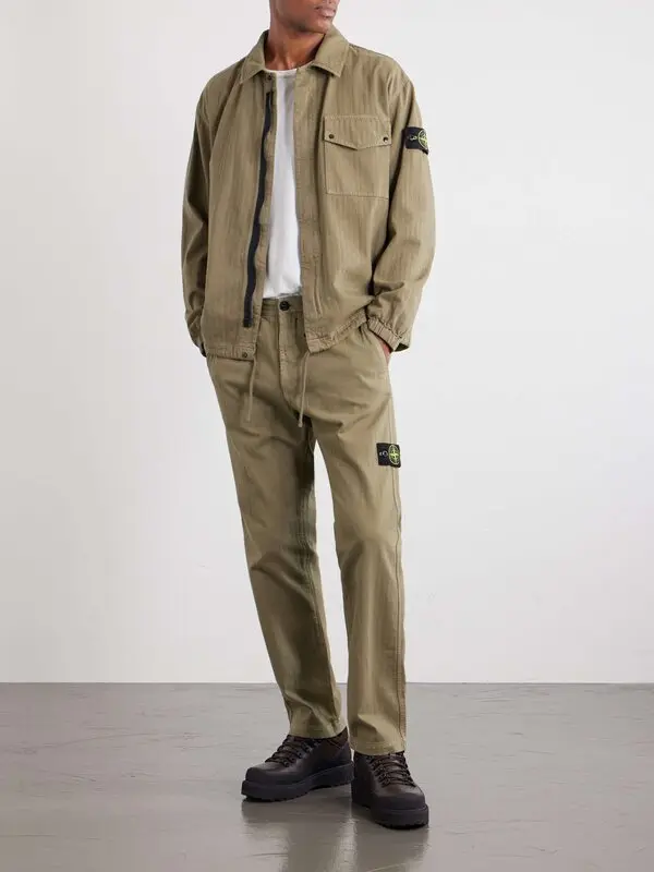 Stone Island Logo-appliquéd Garment-dyed Herringbone Cotton Shirt