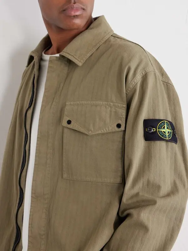 Stone Island Logo-appliquéd Garment-dyed Herringbone Cotton Shirt