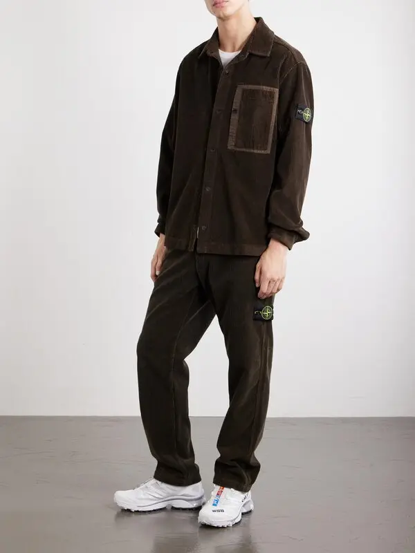Stone Island Logo-appliquéd Wide-leg Cotton-corduroy Trousers - Green