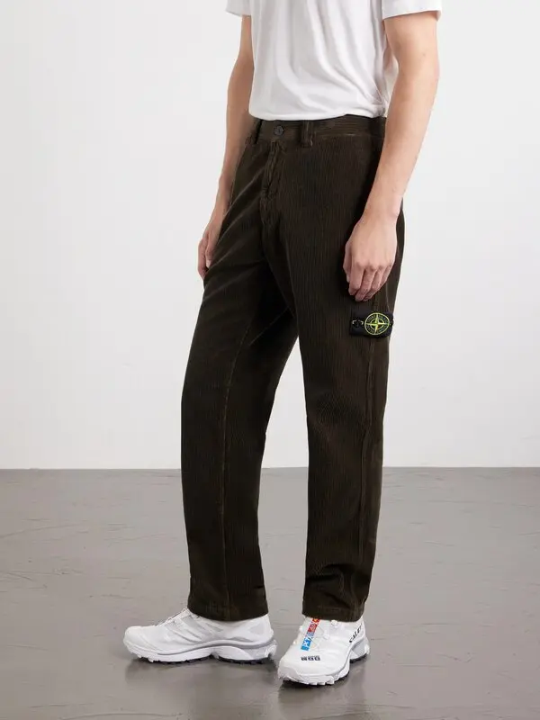 Stone Island Logo-appliquéd Wide-leg Cotton-corduroy Trousers - Green