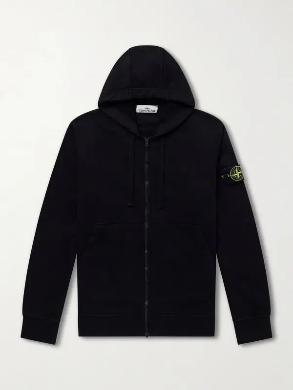 Stone Island Logo-appliquéd Cotton-jersey Zip-up Hoodie - Black