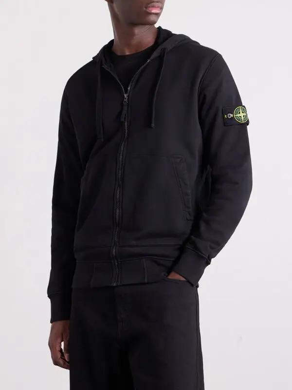 Stone Island Logo-appliquéd Cotton-jersey Zip-up Hoodie - Black