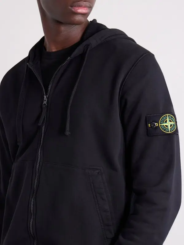 Stone Island Logo-appliquéd Cotton-jersey Zip-up Hoodie - Black