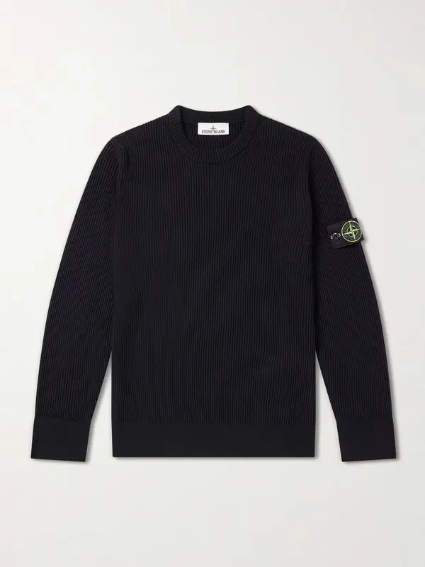 Stone Island Logo-appliquéd Ribbed Virgin Wool Sweater