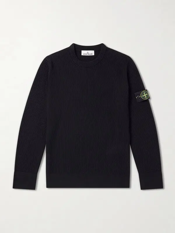 Stone Island Logo-appliquéd Ribbed Virgin Wool Sweater - Black