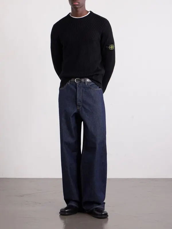 Stone Island Logo-appliquéd Ribbed Virgin Wool Sweater - Black