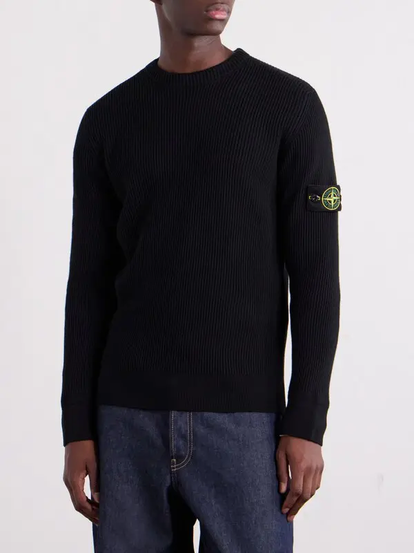 Stone Island Logo-appliquéd Ribbed Virgin Wool Sweater - Black