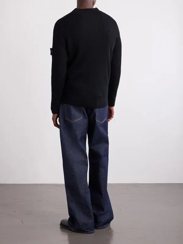 Stone Island Logo-appliquéd Ribbed Virgin Wool Sweater - Black