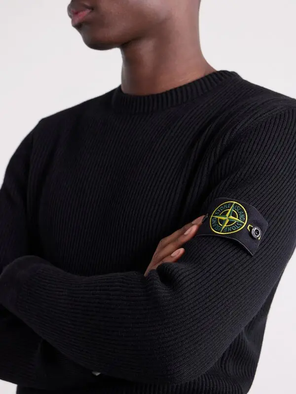 Stone Island Logo-appliquéd Ribbed Virgin Wool Sweater - Black