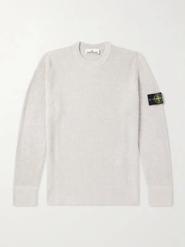 Stone Island Logo-appliquéd Ribbed Virgin Wool Sweater - Gray