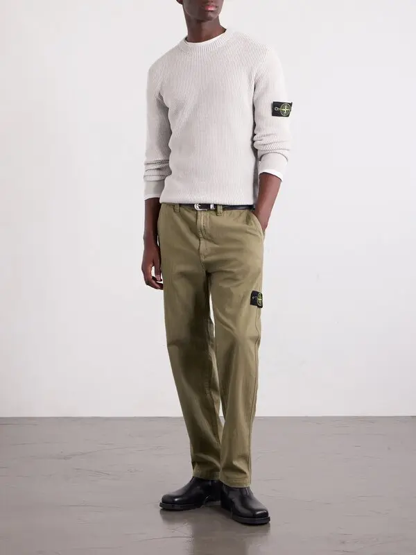 Stone Island Logo-appliquéd Ribbed Virgin Wool Sweater - Gray