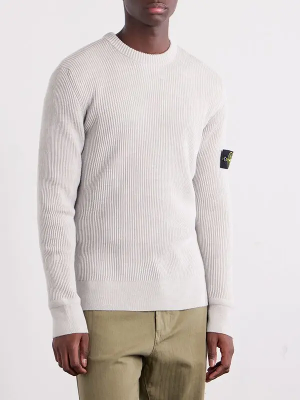 Stone Island Logo-appliquéd Ribbed Virgin Wool Sweater - Gray