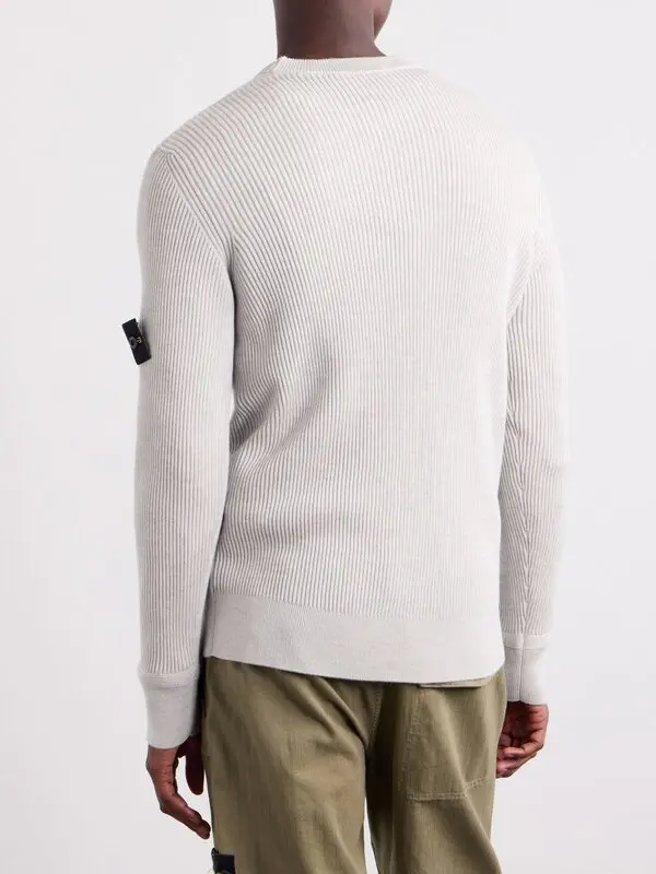 Stone Island Logo-appliquéd Ribbed Virgin Wool Sweater - Gray