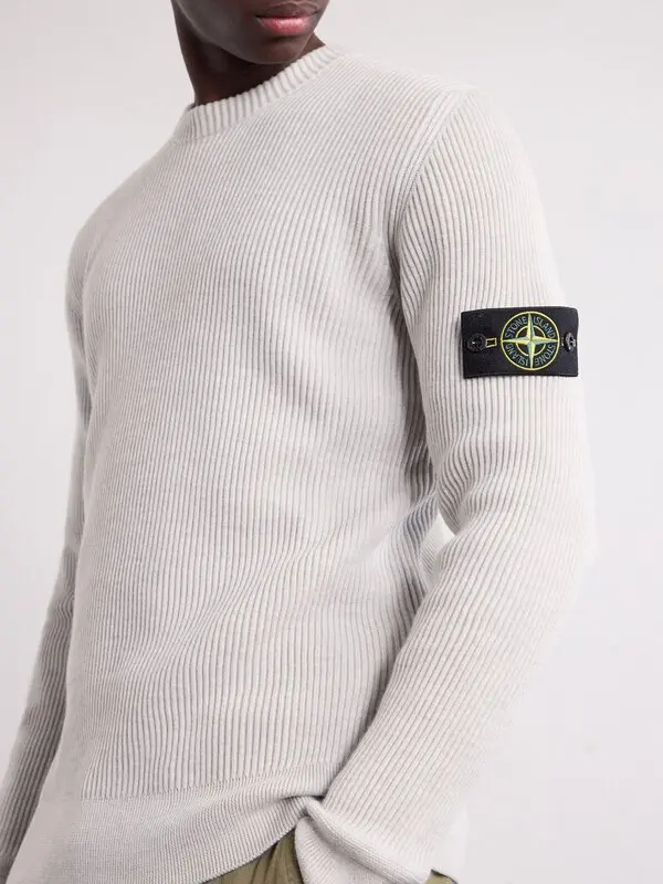 Stone Island Logo-appliquéd Ribbed Virgin Wool Sweater - Gray
