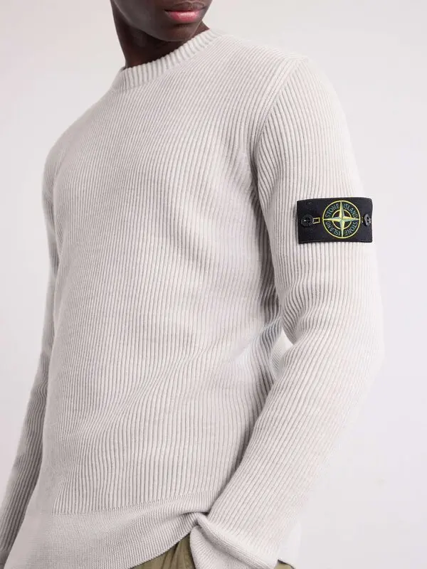 Stone Island Logo-appliquéd Ribbed Virgin Wool Sweater