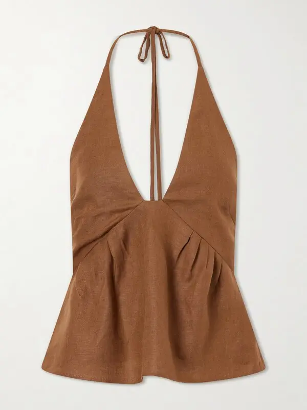 SIR. Freja Linen Halterneck Peplum Tank - Brown