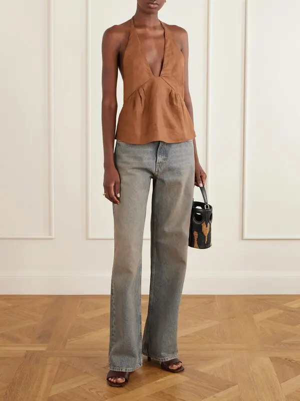 SIR. Freja Linen Halterneck Peplum Tank - Brown