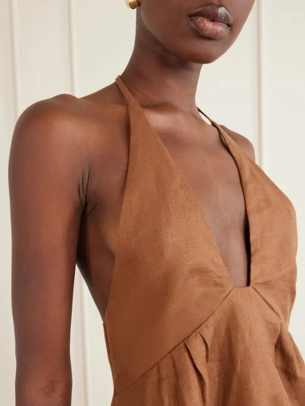 SIR. Freja Linen Halterneck Peplum Tank - Brown