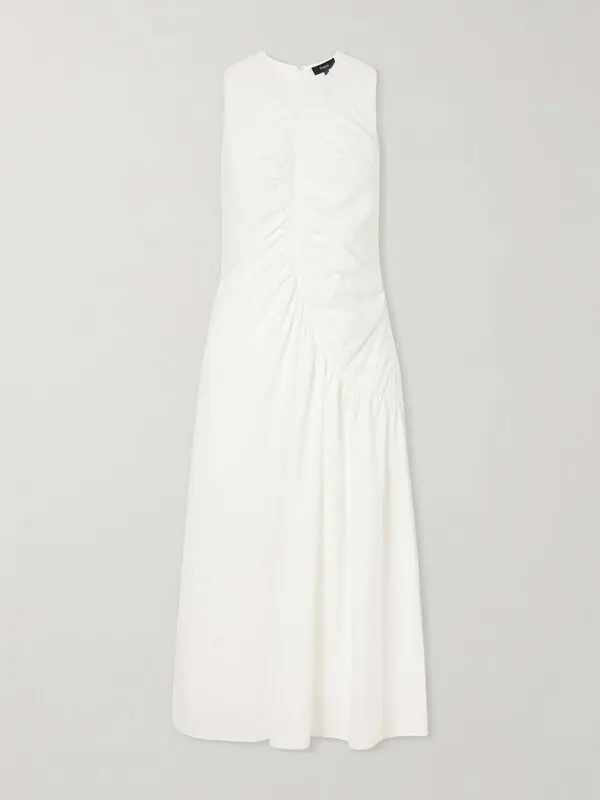 Theory Ruched Cotton-blend Sateen Midi Dress