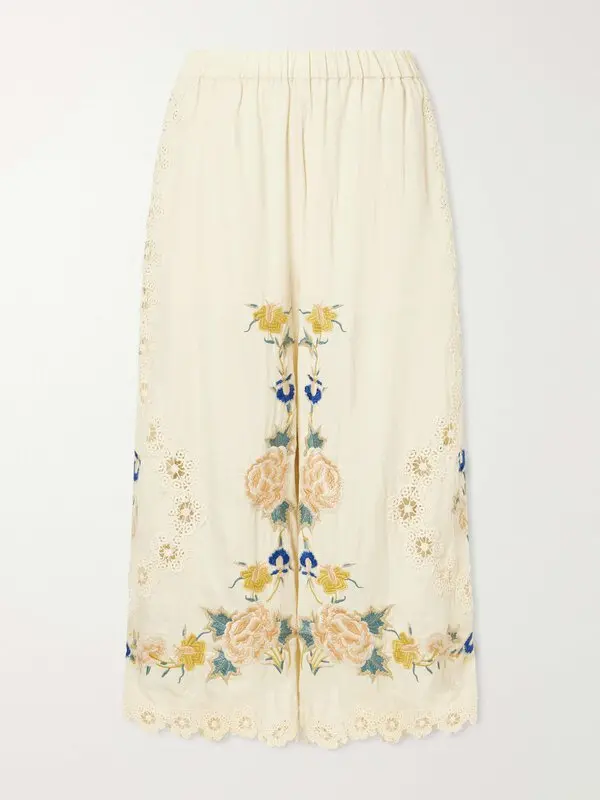 Sea Addona Floral-embroidered Broderie Anglaise-trimmed Cotton Wide-leg Pants - Cream