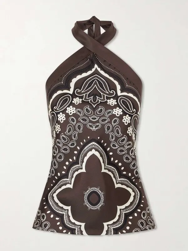 NILI LOTAN Solal Printed Silk Halter Top