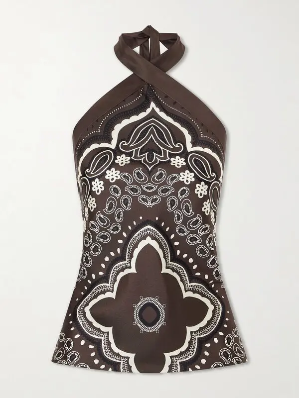 NILI LOTAN Solal Printed Silk Halter Top - Brown