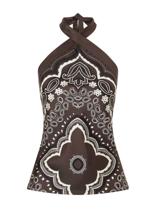 NILI LOTAN Solal Printed Silk Halter Top - Brown