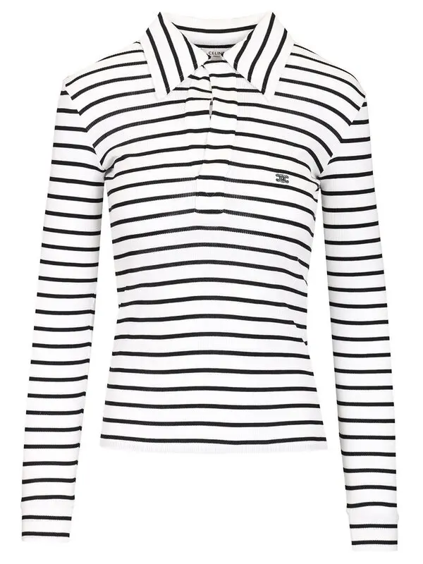 Celine Striped Silk Jersey Polo Shirt - White