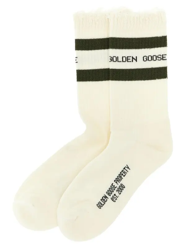 GOLDEN GOOSE Ribbed Distressed Crew Socks With Logo Detail - Green