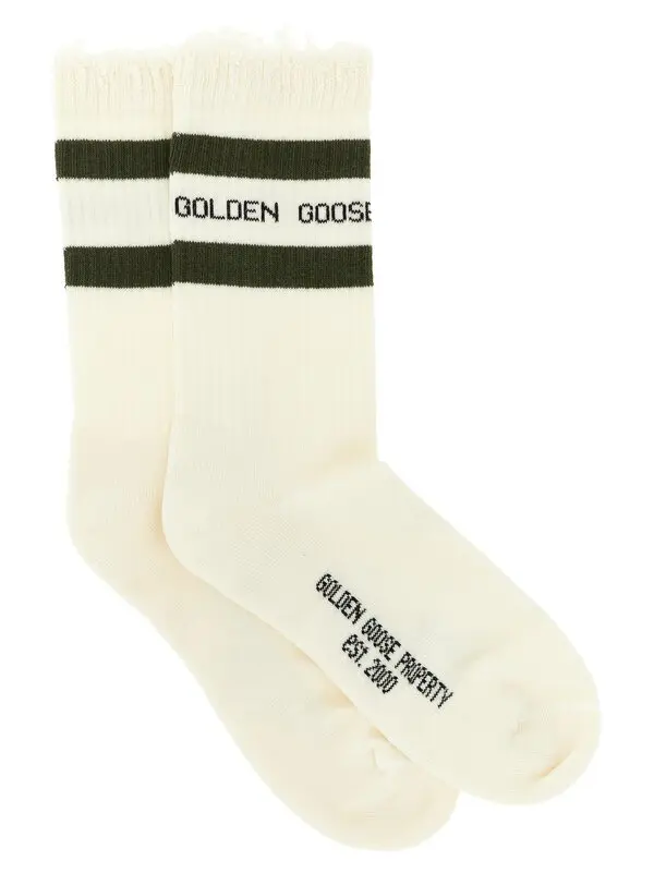 GOLDEN GOOSE Ribbed Distressed Crew Socks With Logo Detail