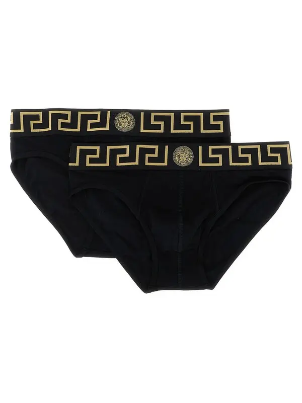 Versace 2-pack Briefs With 'greca' Pattern - Black