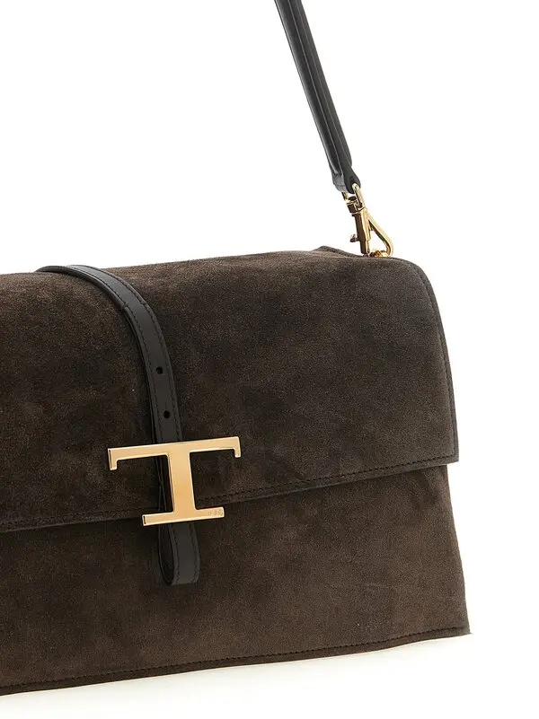TOD'S Suede Shoulder Bag With 't Timeless' Metal Plate - Brown