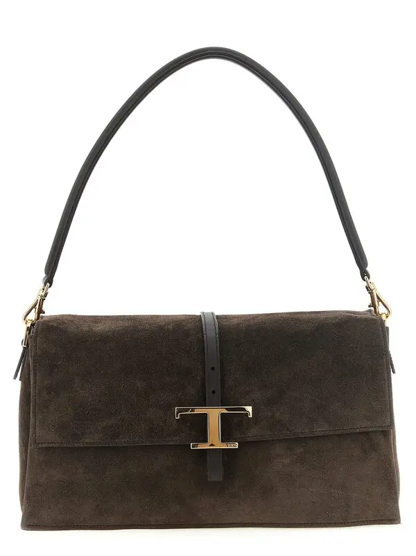 TOD'S Suede Shoulder Bag With 't Timeless' Metal Plate - Brown
