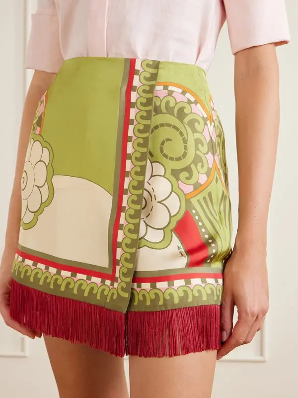 La DoubleJ Fringed Silk-twill Mini Skirt - Green