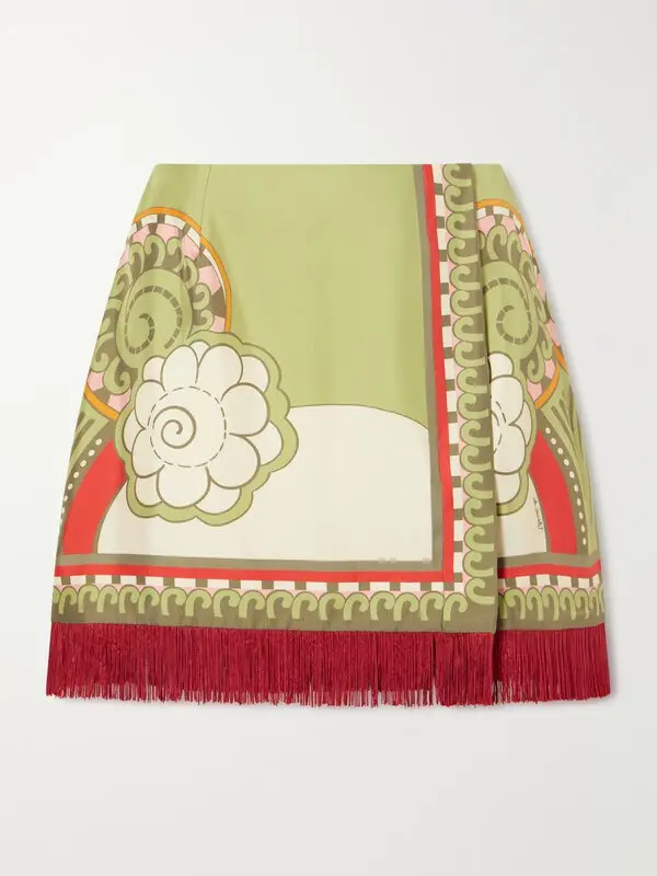 La DoubleJ Foulard Fringed Silk-twill Mini Skirt - Green