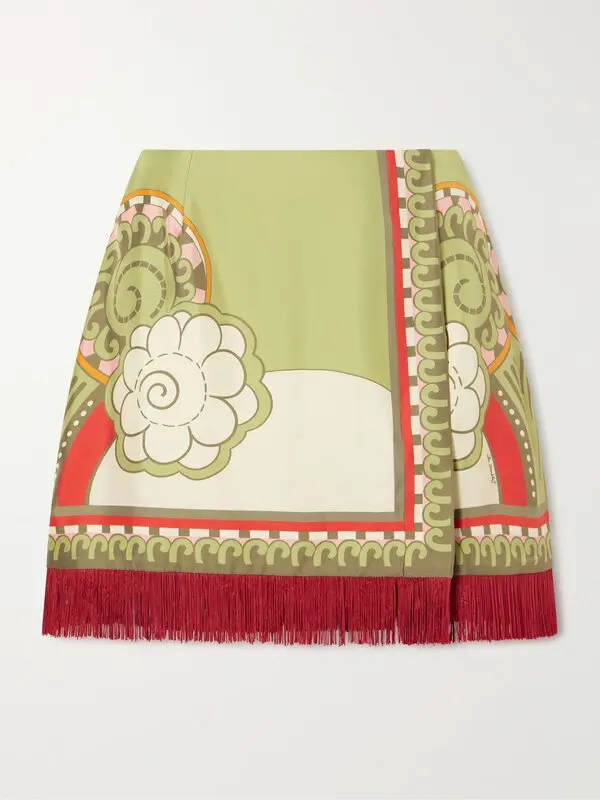La DoubleJ Fringed Silk-twill Mini Skirt - Lime Green