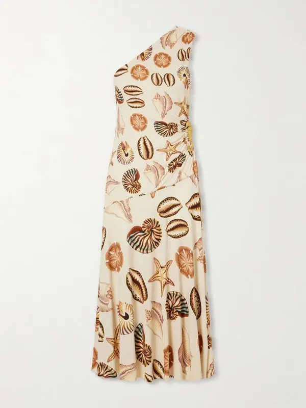 Farm Rio Embellished Gathered One-shoulder Printed Woven Midi Dress - Sand
