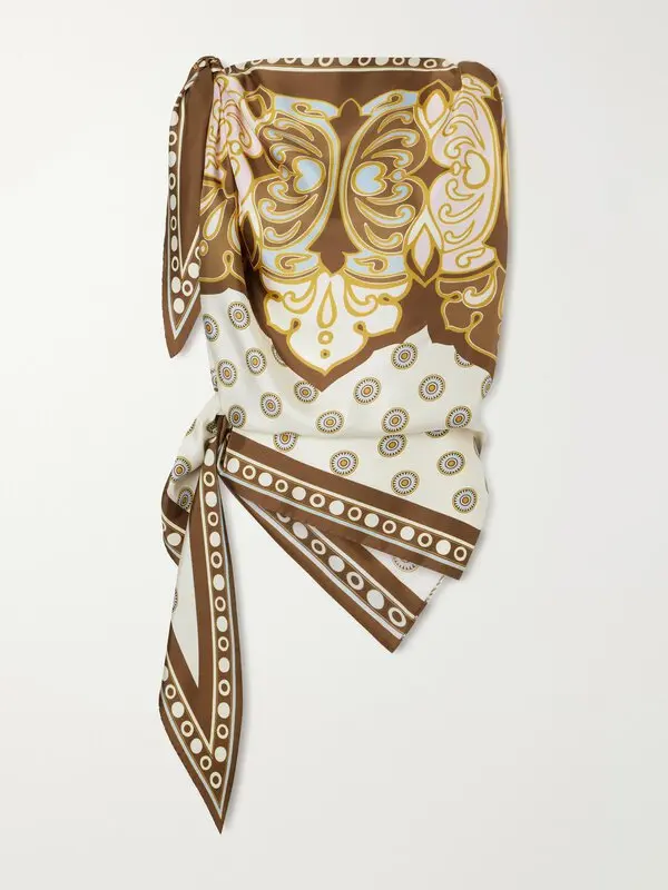 La DoubleJ Asymmetric Knotted Printed Silk-satin Blouse - Brown