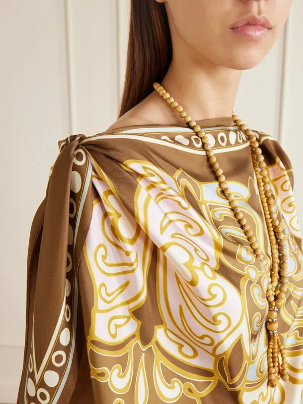 La DoubleJ Asymmetric Knotted Printed Silk-satin Blouse - Brown