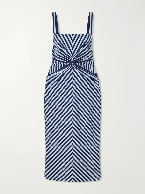 Carolina Herrera Striped Ruched Cotton-blend Midi Dress - Blue